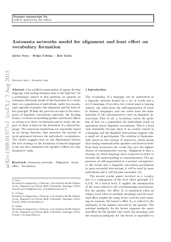 Pdf Automata Networks Model For Alignment And Least Effort On Vocabulary Formation