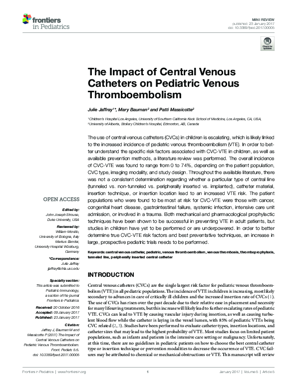 (PDF) The Impact of Central Venous Catheters on Pediatric Venous Thromboembolism