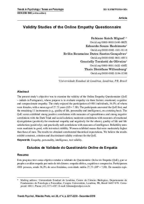 (PDF) Validity Studies of the Online Empathy Questionnaire
