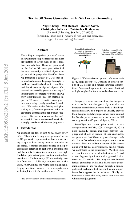 (PDF) Text to 3D Scene Generation with Rich Lexical Grounding | Angel Chang - Academia.edu