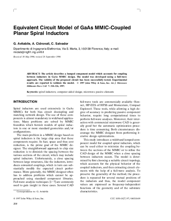 (PDF) Equivalent circuit model of GaAs MMIC-coupled planar spiral inductors