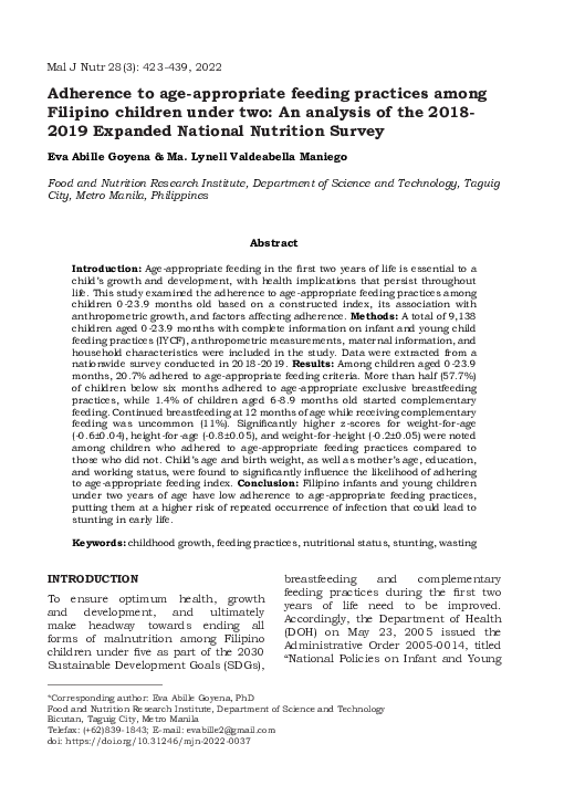 (PDF) Adherence to age-appropriate feeding practices among Filipino children under two: An ...