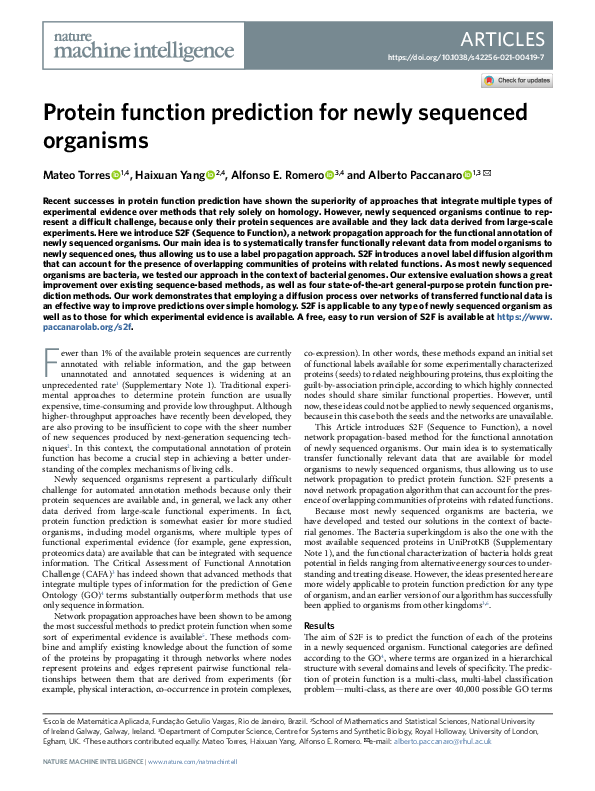 (PDF) Protein function prediction for newly sequenced organisms