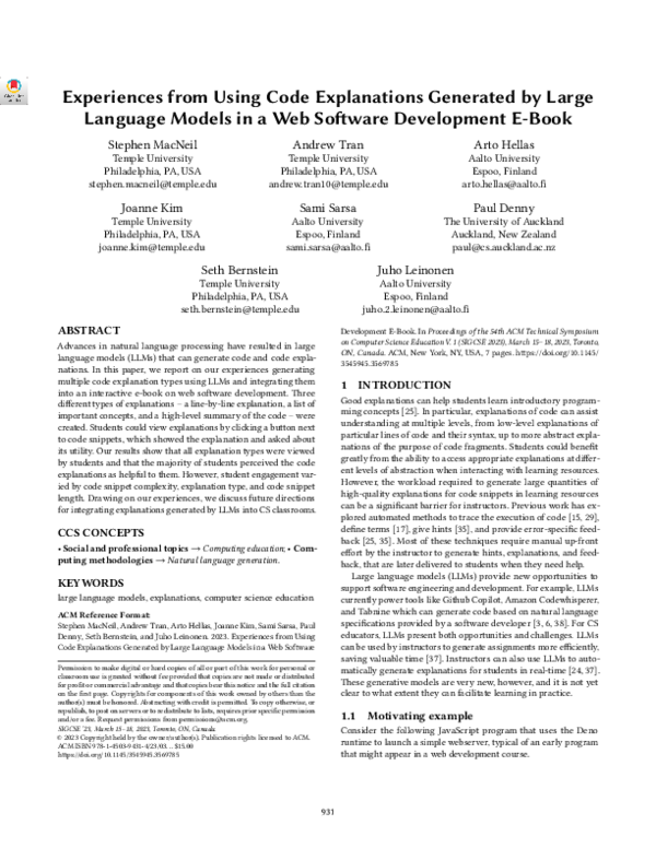 Pdf Experiences From Using Code Explanations Generated By Large Language Models In A Web
