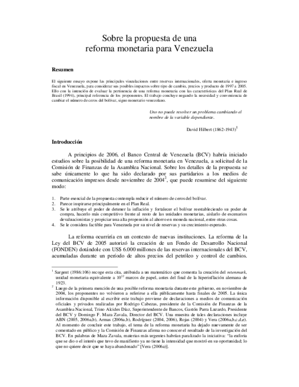 (PDF) Sobre la propuesta de una reforma monetaria para Venezuela