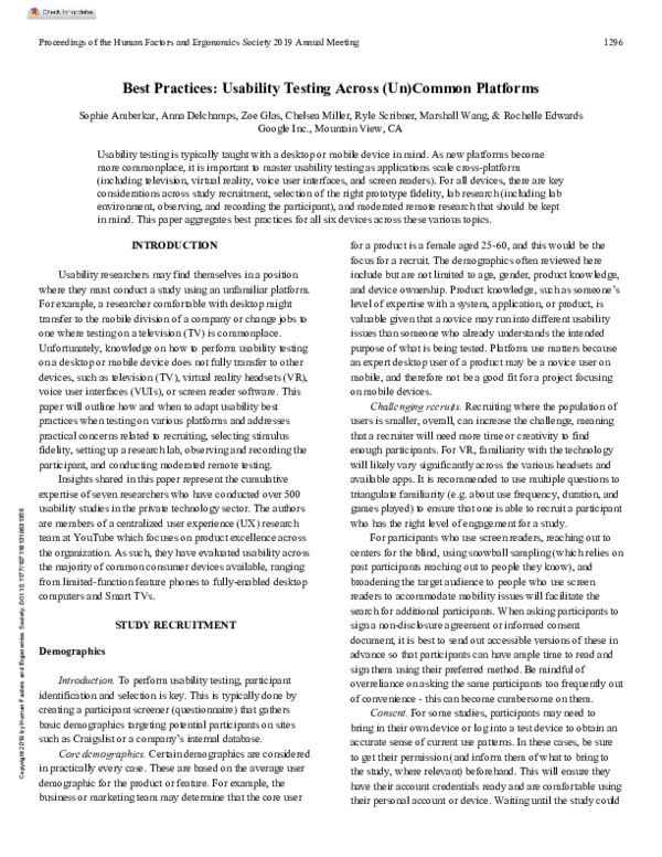 Pdf Best Practices Usability Testing Across Un Common Platforms