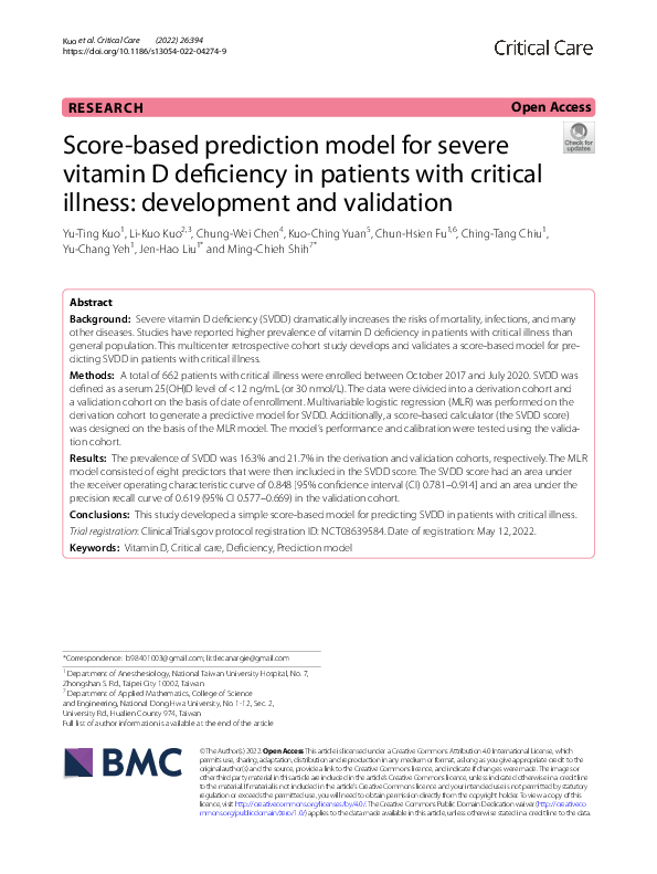 (PDF) Score-based prediction model for severe vitamin D deficiency in ...