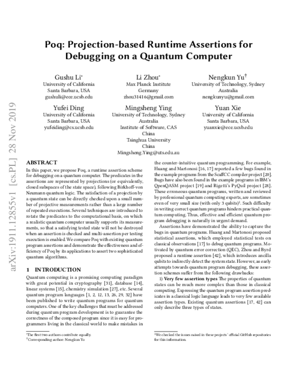 (PDF) Poq: Projection-based Runtime Assertions for Debugging on a Quantum Computer
