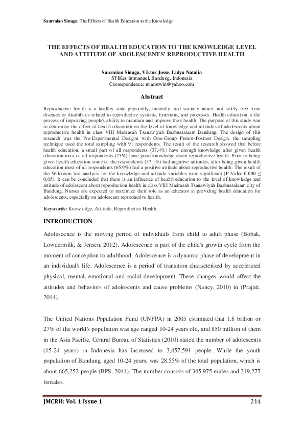 Pdf The Effects Of Health Education To The Knowledge Level And Attitude Of Adolescents