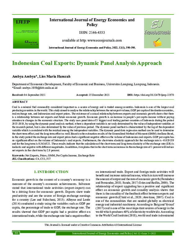 (PDF) Indonesian Coal Exports: Dynamic Panel Analysis Approach