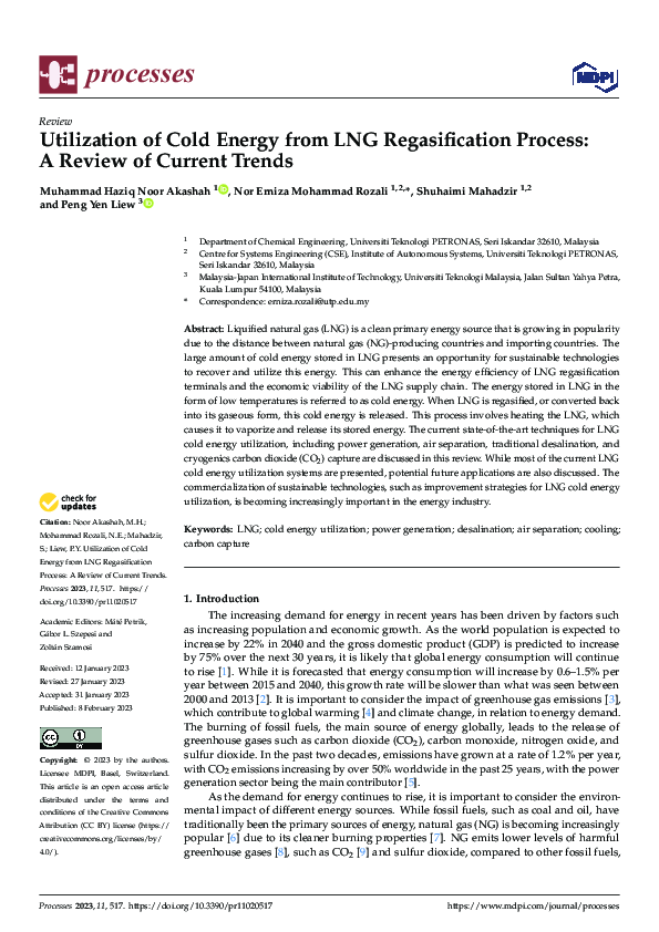 (PDF) Utilization of Cold Energy from LNG Regasification Process: A ...
