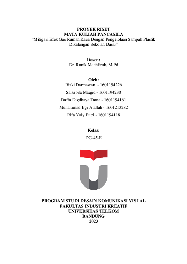 (PDF) Proyek Riset "Mitigasi Efek Gas Rumah Kaca Dengan Pengelolaan Sampah Plastik Dikalangan ...