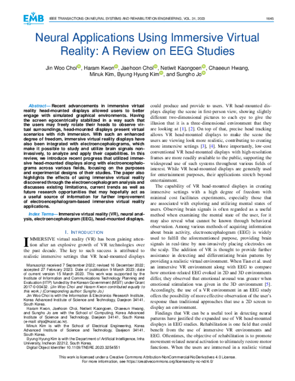 (PDF) Neural Applications Using Immersive Virtual Reality: A Review on EEG Studies