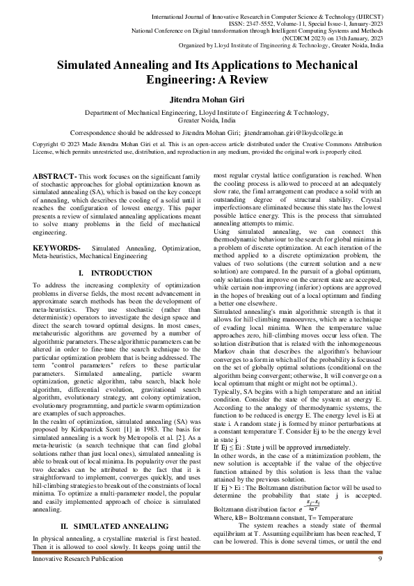 (PDF) Simulated Annealing and Its Applications to Mechanical Engineering: A Review