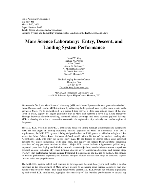 (PDF) Mars Science Laboratory Entry Descent and Landing System Verification and Validation Program