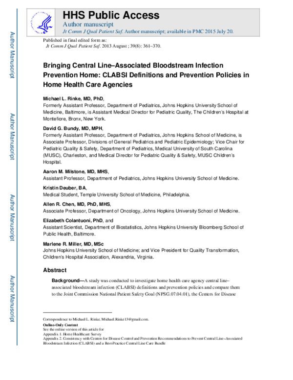 (PDF) Bringing Central Line–Associated Bloodstream Infection Prevention ...