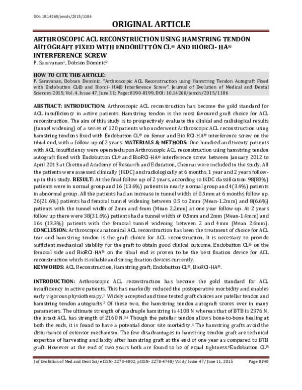 (PDF) Arthroscopic Acl Reconstruction Using Hamstring Tendon Autograft ...