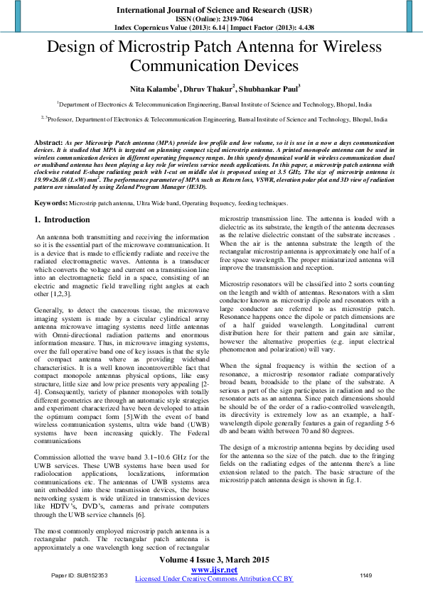 (PDF) Design of Microstrip Patch Antenna for Wireless Communication Devices