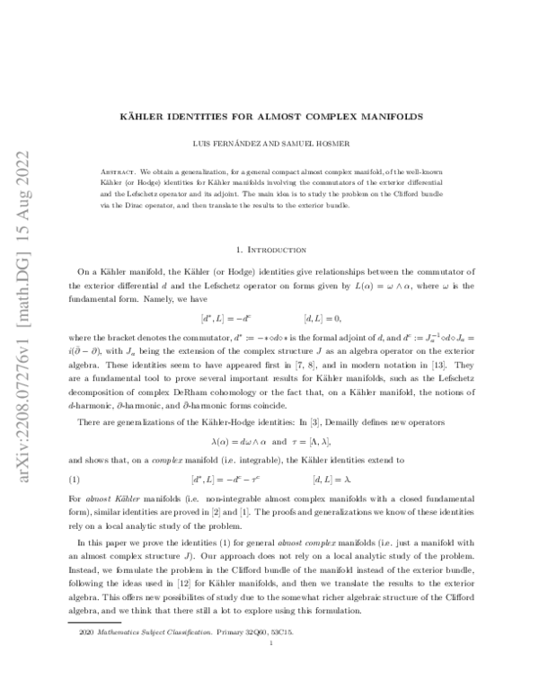 (PDF) K\"{a}hler identities for almost complex manifolds