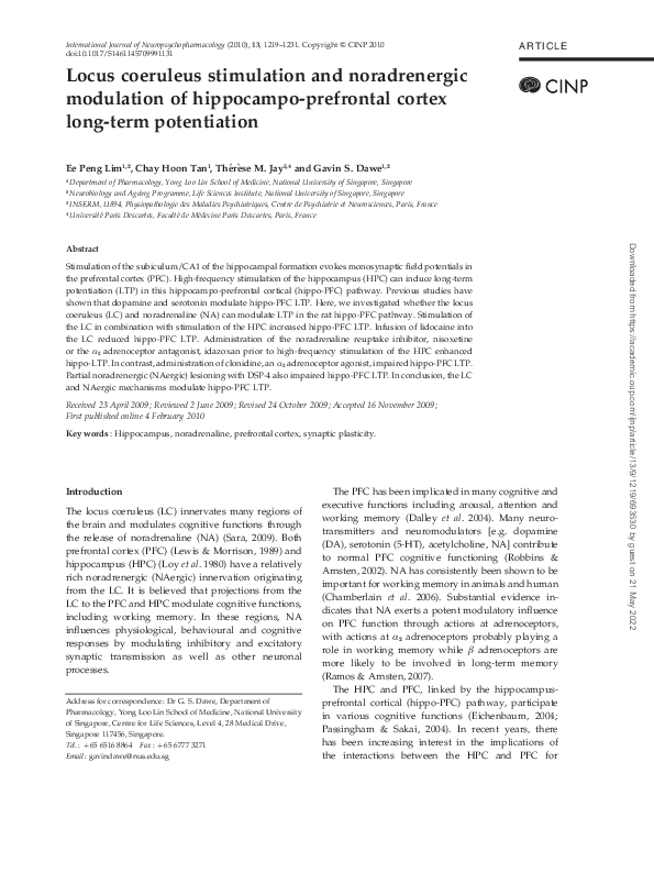(PDF) Locus coeruleus stimulation and noradrenergic modulation of hippocampo-prefrontal cortex ...