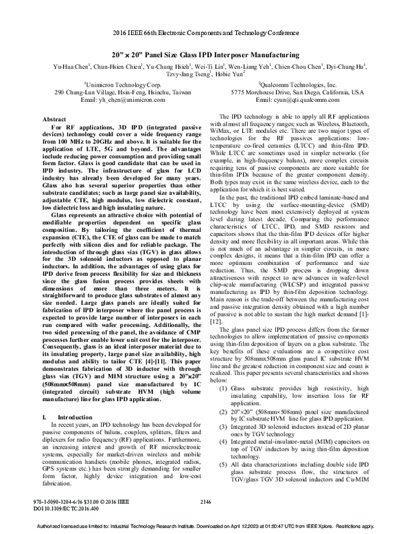 (PDF) 20" x 20" Panel Size Glass IPD Interposer Manufacturing | Chun ...
