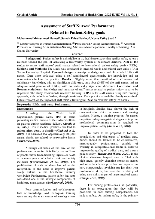 (PDF) Assessment of Staff Nurses’ Performance Related to Patient Safety ...