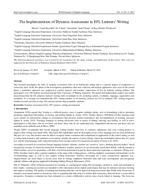 Pdf The Implementation Of Dynamic Assessment In Efl Learners Writing
