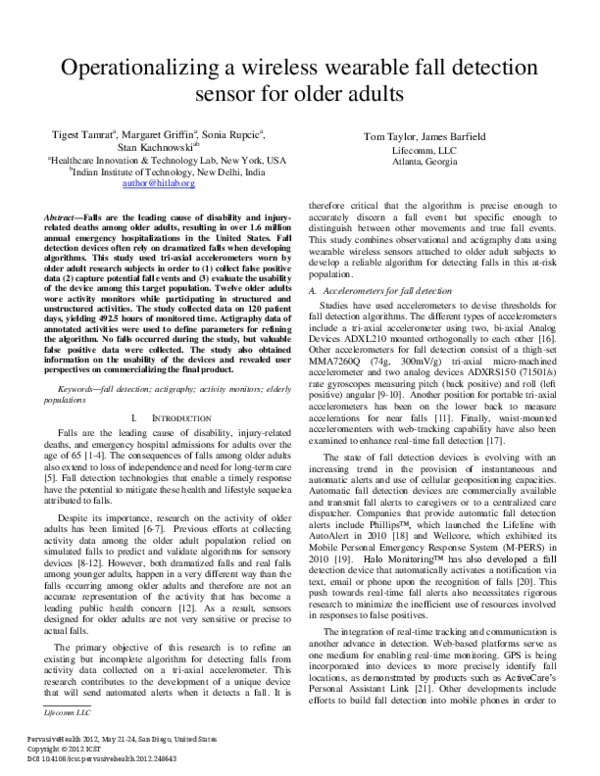 Pdf Operationalizing A Wireless Wearable Fall Detection Sensor For Older Adults
