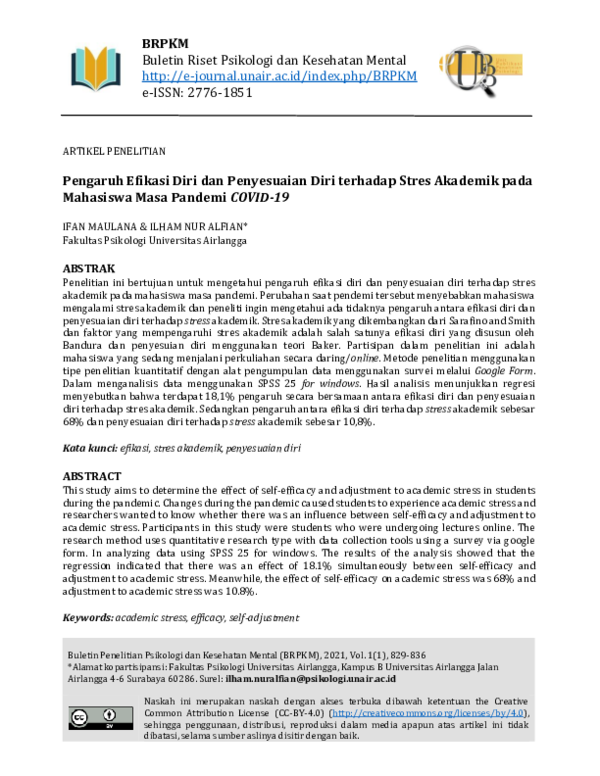 (PDF) Pengaruh Efikasi Diri dan Penyesuaian Diri terhadap Stres ...