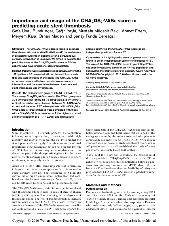 (PDF) Importance and usage of the CHA2DS2-VASc score in predicting acute stent thrombosis