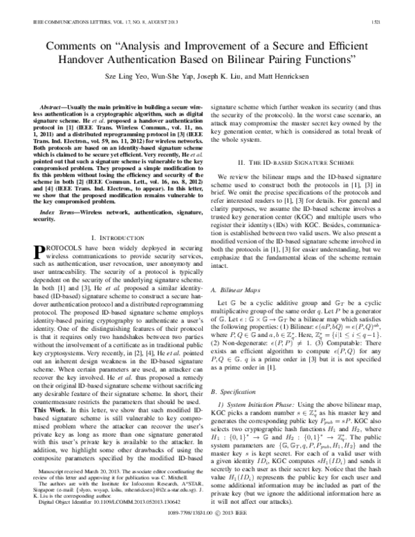 Pdf Comments On Analysis And Improvement Of A Secure And Efficient Handover Authentication