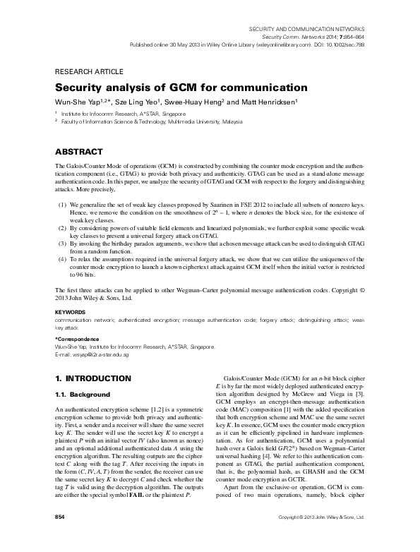 (PDF) Security analysis of GCM for communication