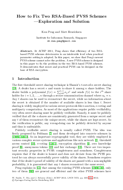 (PDF) How to Fix Two RSA-Based PVSS Schemes—Exploration and Solution