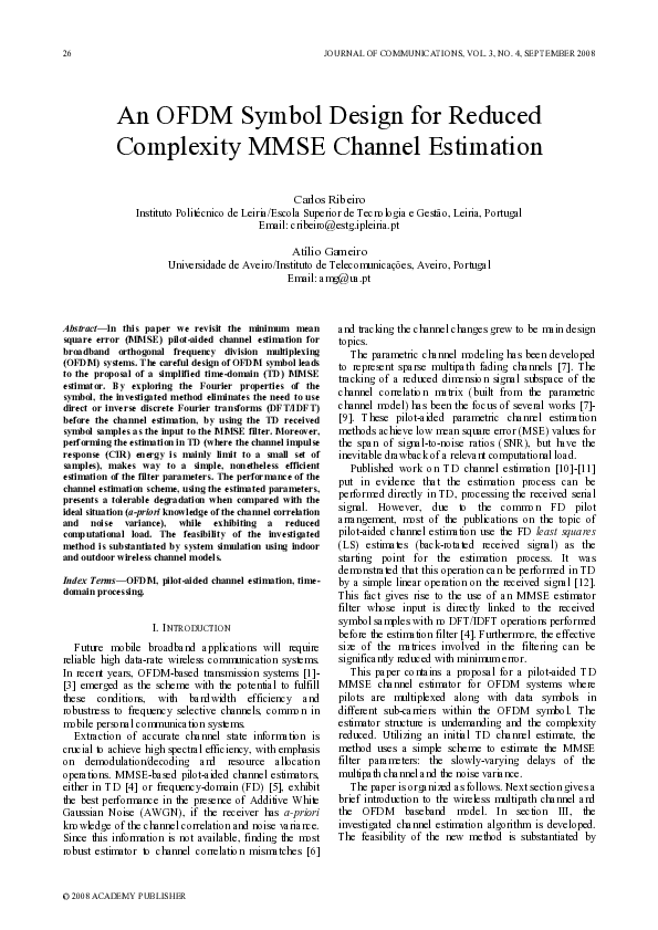 (PDF) An OFDM Symbol Design for Reduced Complexity MMSE Channel Estimation
