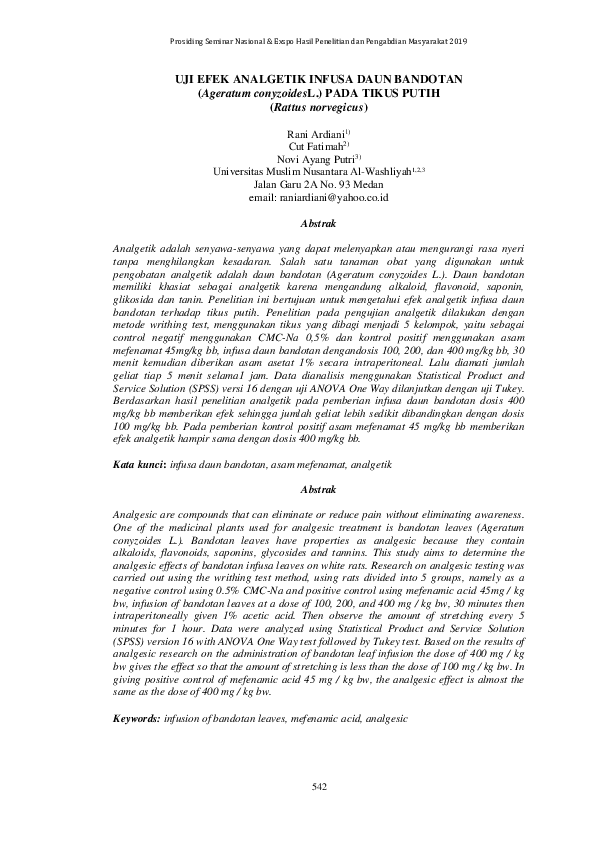 (PDF) UJI EFEK ANALGETIK INFUSA DAUN BANDOTAN (Ageratum conyzoidesL ...