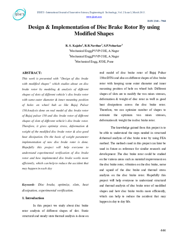 (PDF) Design & Implementation of Disc Brake Rotor By using Modified Shapes