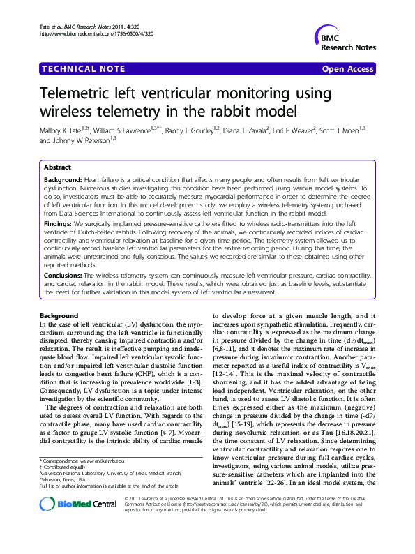 (PDF) Wireless Telemetric LV Monitoring in Rabbits