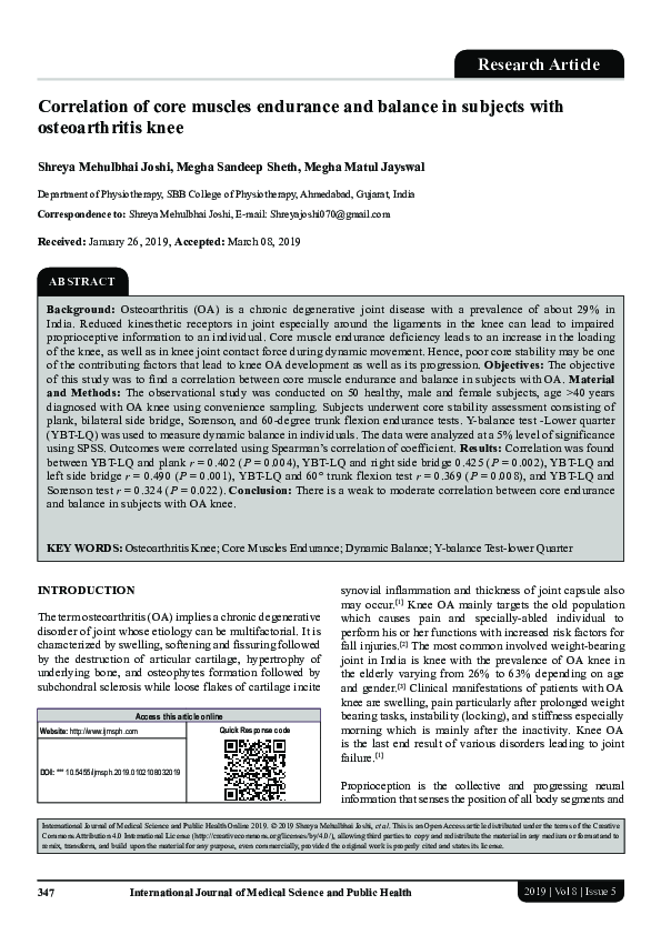 (PDF) Correlation of core muscles endurance and balance in subjects with osteoarthritis knee