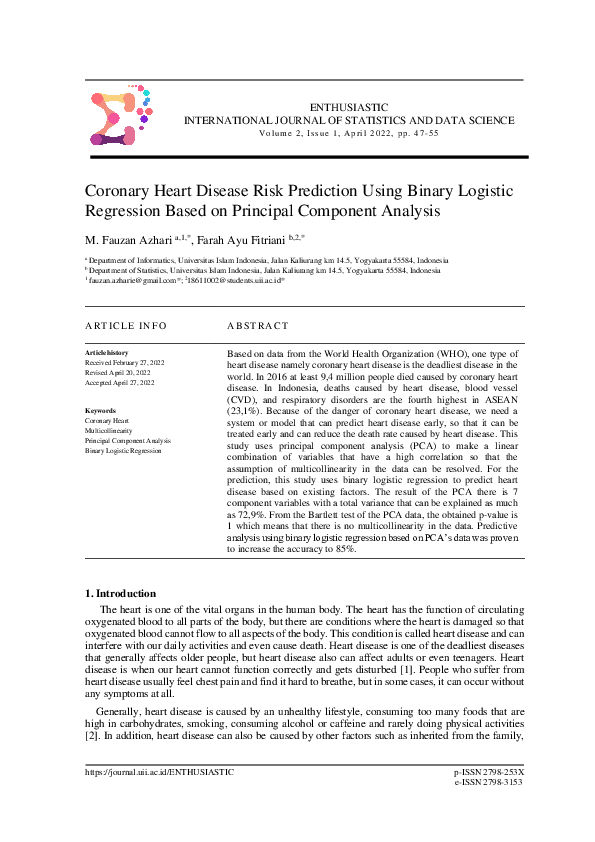 (PDF) Coronary Heart Disease Risk Prediction Using Binary Logistic Regression Based on Principal ...