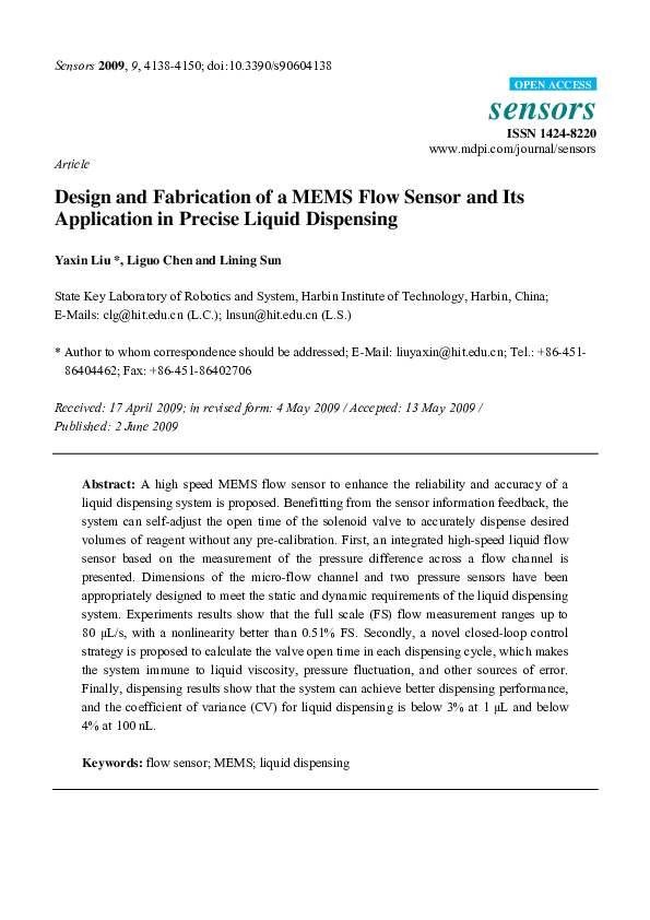 (PDF) Design and Fabrication of a MEMS Flow Sensor and Its Application in Precise Liquid Dispensing