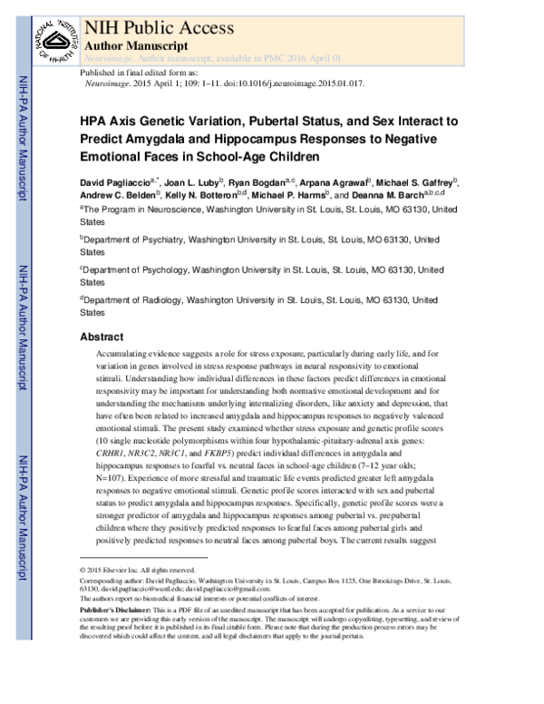 (PDF) HPA axis genetic variation, pubertal status, and sex interact to ...
