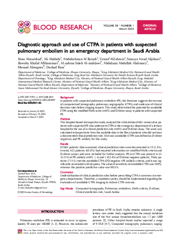 (PDF) Diagnostic approach and use of CTPA in patients with suspected ...