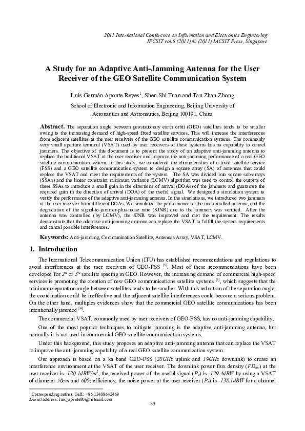 (PDF) A Study for an Adaptive Anti-Jamming Antenna for the User Receiver of the GEO Satellite ...