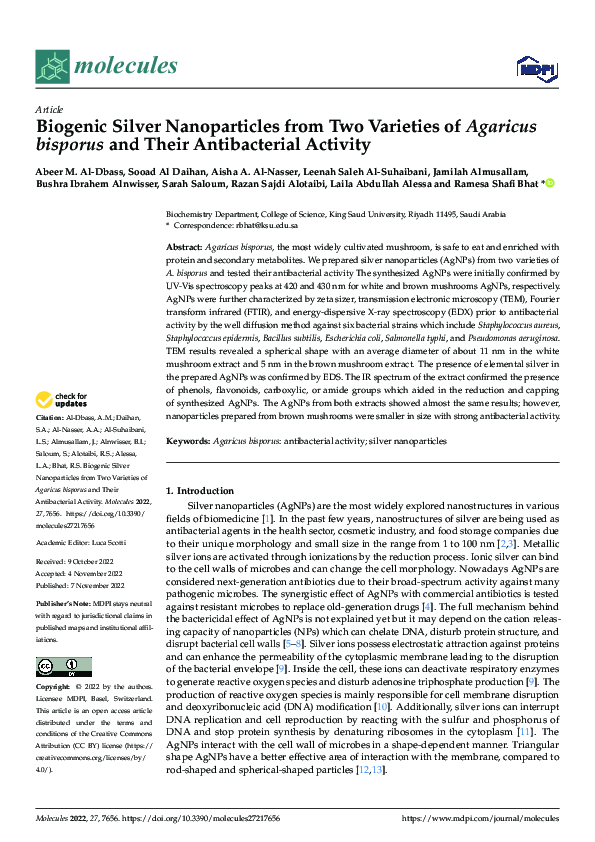 (PDF) Biogenic Silver Nanoparticles from Two Varieties of Agaricus bisporus and Their ...