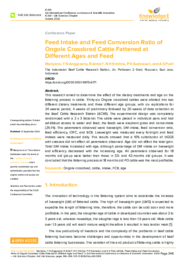 (PDF) Feed Intake and Feed Conversion Ratio of Ongole Crossbred Cattle ...