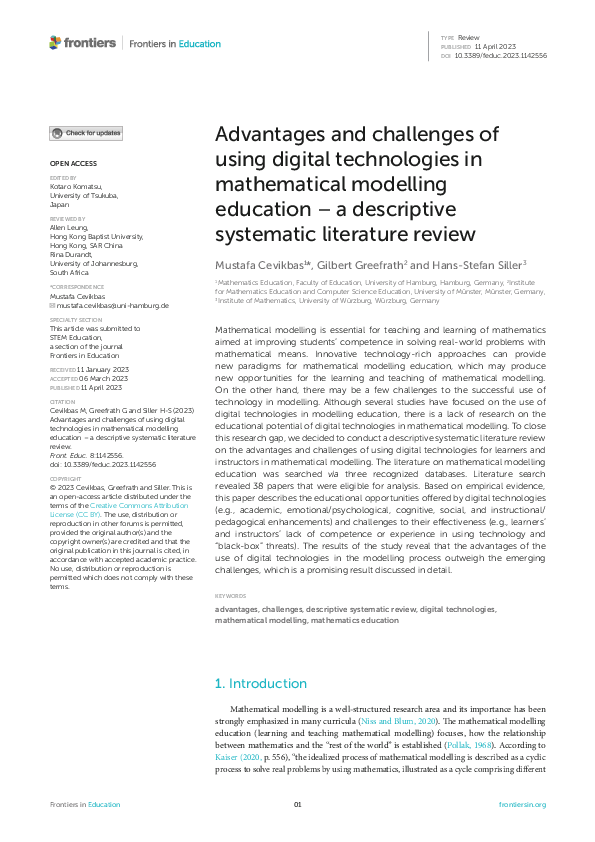 (PDF) Advantages and challenges of using digital technologies in mathematical modelling ...