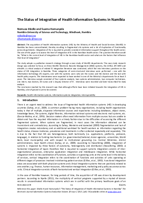 (PDF) The Status of Integration of Health Information Systems in ...