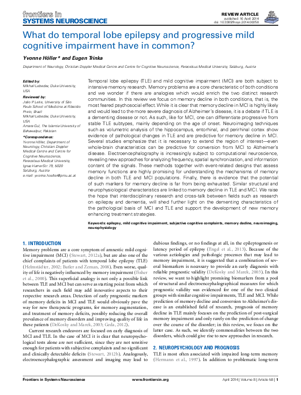 (PDF) What do temporal lobe epilepsy and progressive mild cognitive ...