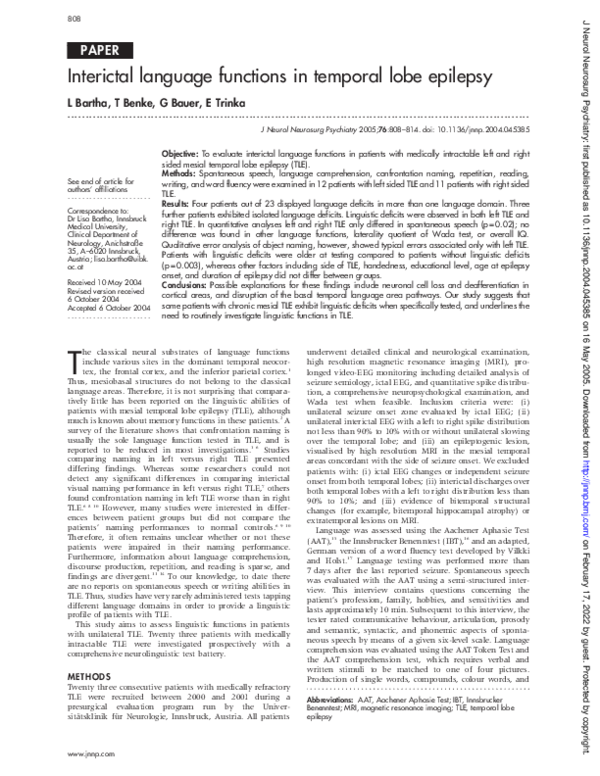 (PDF) Interictal language functions in temporal lobe epilepsy