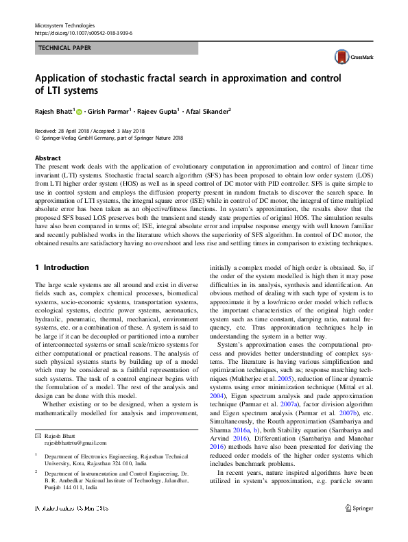 Pdf Application Of Stochastic Fractal Search In Approximation And Control Of Lti Systems